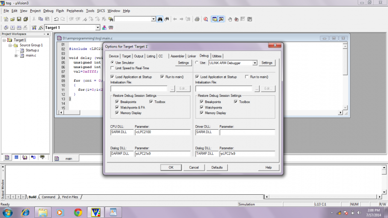 debug setting in options for target
